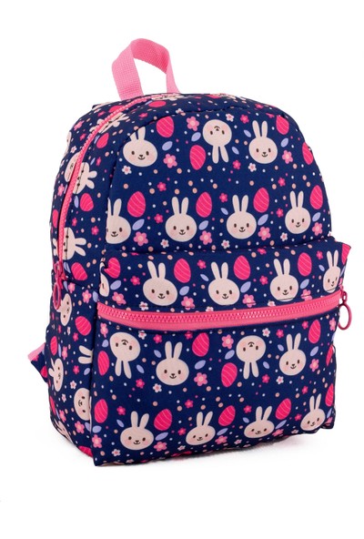 Kaff Tavşan Desenli Lacivert 2 Bölmeli Yıkanabilir Kız Anaokulu Sırt Çantası