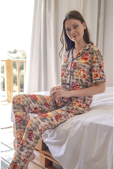 Jiber Kadın Gri Çiçekli Pijama Takımı 10034