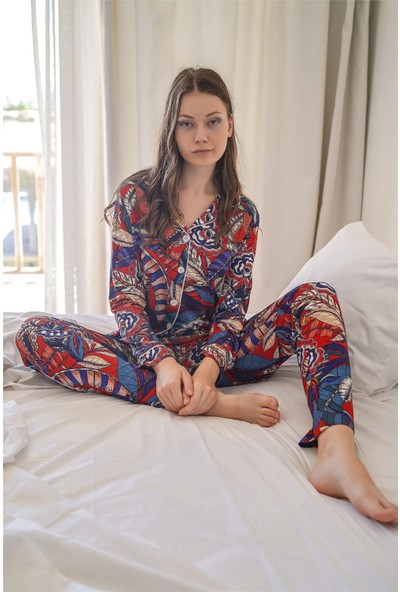Jiber Kadın Desenli Düğmeli Pijama Takımı 10003