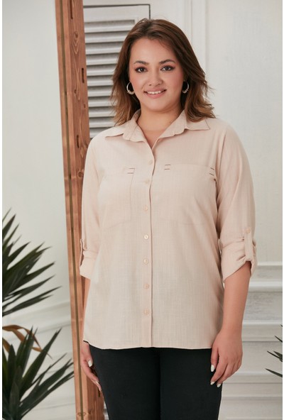 Rmg Cep Nakış Detaylı Büyük Beden Pudra Pamuk Gömlek Rmg Cep Nakış Detaylı Büyük Beden Pudra Pamuk Gömlek