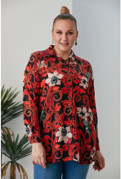Rmg Çiçek Desenli Büyük Beden Siyah Gömlek