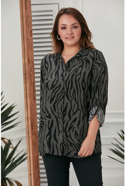 Rmg Zebra Desenli Büyük Beden Haki Gömlek Rmg Zebra Desenli Büyük Beden Haki Gömlek