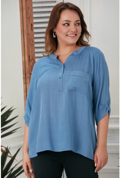 Rmg Hakim Yaka Kare Desenli Büyük Beden Indigo Bluz Rmg Hakim Yaka Kare Desenli Büyük Beden Indigo Bluz