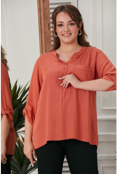 Rmg Hakim Yaka Kare Desenli Büyük Beden Kiremit Bluz Rmg Hakim Yaka Kare Desenli Büyük Beden Kiremit Bluz