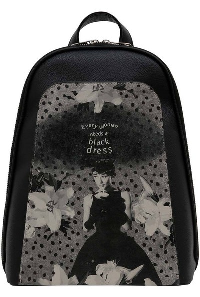 Dogo Kadın Vegan Gri Sırt Çantası - Black Dress Tasarım Tasarım Baskılı Vegan