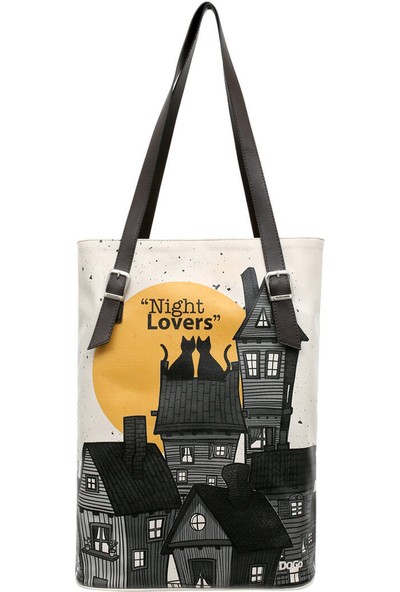 Dogo Kadın Vegan Bej Omuz Çantası - Night Lovers Tasarım Tasarım Baskılı Vegan