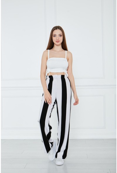 Casual Yüksek Bel Rahat Kalıp Çizgili Kadın Pantolon 3012 - Siyah