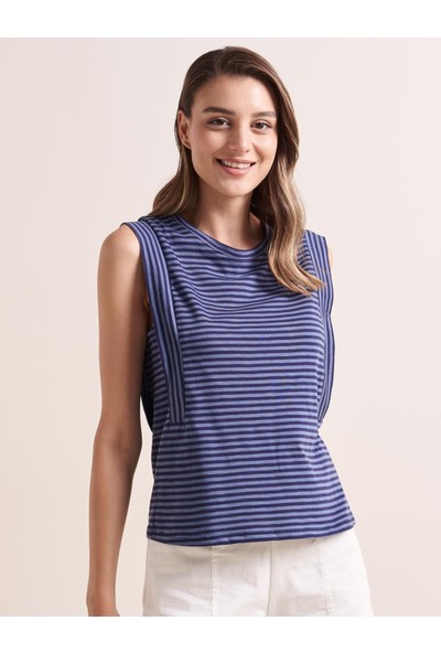 Kadın Mavi Düz Kesim Bisiklet Yaka Kolsuz Çizgi Desenli Tişört