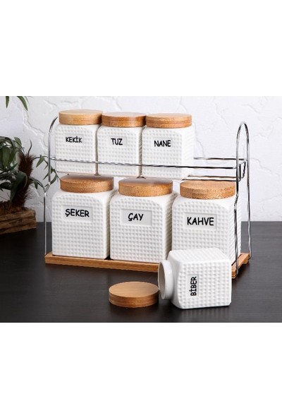 Pinkev 8 Parça Bambu Kapaklı Askılı Stantlı Porselen Baharat Takımı