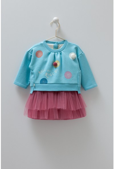 Caramell Roll Up Tül Detaylı Renkli Elbise