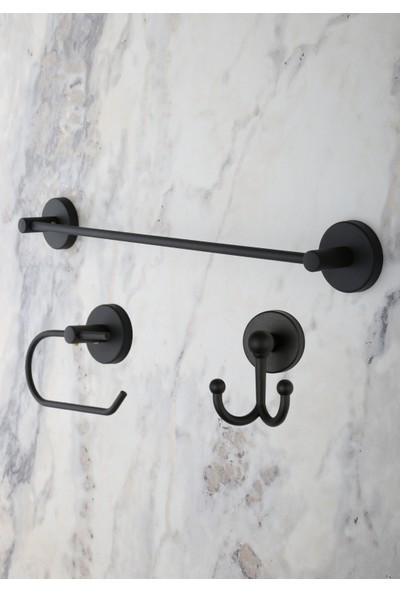 Evina Banyo Aksesuar 3'lü Set Siyah Düz Havluluk K. Tuvalet Kağıtlığı Bornozluk