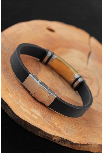 Tesbihkenti Gold Renk Metal Aksesuarlı Siyah Renk Deri Bileklik