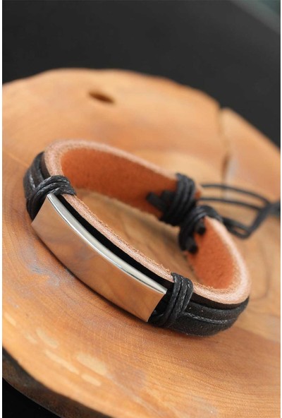 Tesbihkenti Metal Aksesuarlı Siyah Renk Deri Bileklik
