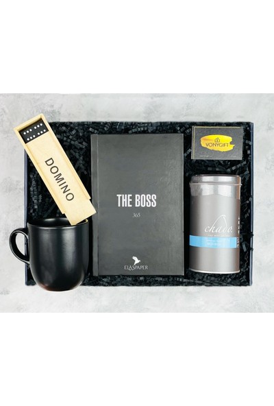 Vony Gift Boss Ajanda Domino Türk Kahvesi ve Siyah Bardaklı Premium Iş Tebrik Hediye Kutusu