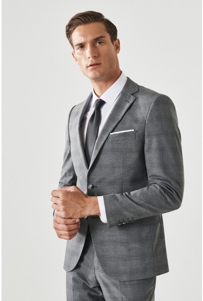 Ekstra Slim Fit Dar Kesim Mono Yaka Kareli Takım Elbise