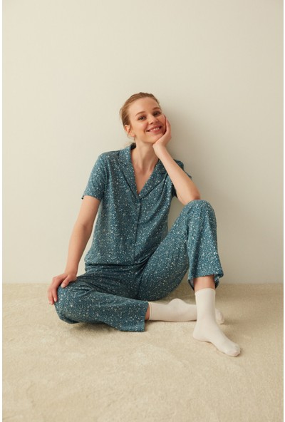 Penti Base Blue Bloom Gömlek Pantolon Pijama Takımı Penti Base Blue Bloom Gömlek Pantolon Pijama Takımı