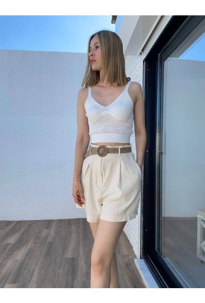 Kemerli Keten Şort
