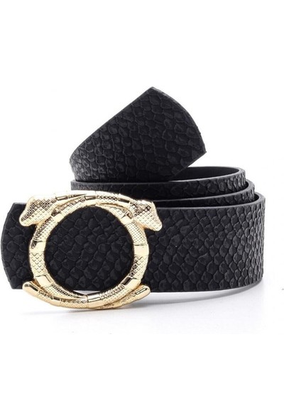Siyah Yılan Desenli Yılan Kabartma Tokalı Kadın Kemer