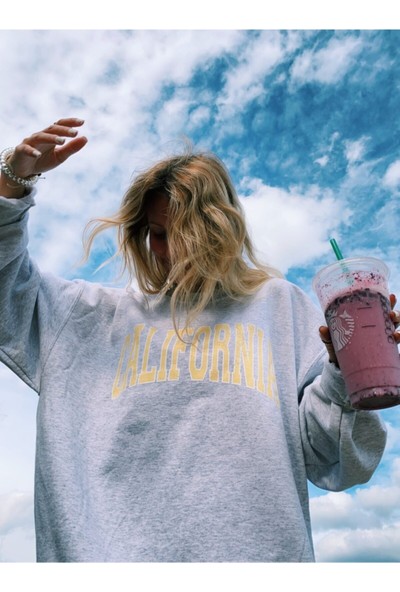 Laluvia Kadın Gri California Baskılı Oversize Sweatshirt