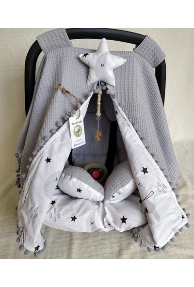 Raduga Collection Puset Örtüsü Puset Minderi Puset Çarşafı 3'lü Set Uykucu Ayı Gri (Bebeğinizin Ismi Yazılı)
