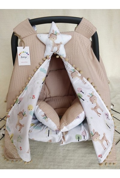 Raduga Collection Puset Örtüsü+Puset Minderi+Puset Çarşafı 3'lü Set Bej Ormandaki Ceylan