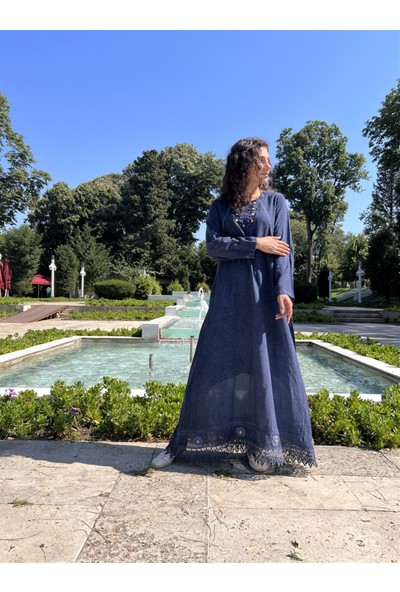 Eliş Şile Bezi Uzun Kol Şile Bezi Maya Uzun Elbise Indigo Indg