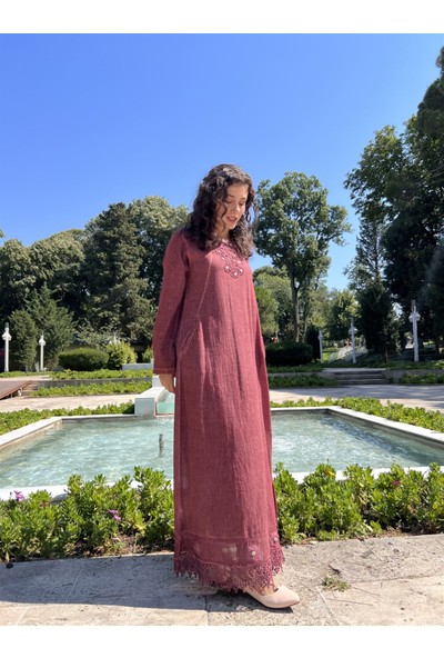 Eliş Şile Bezi Uzun Kol Şile Bezi Maya Uzun Elbise Gül Kurusu Gkrs