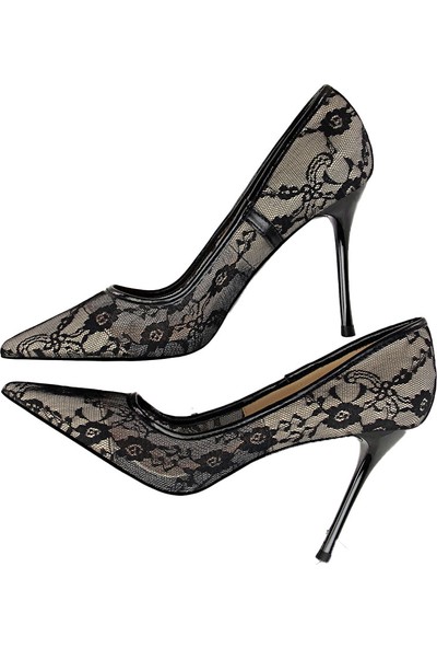Pinellia Flowers Dantel Detaylı Kadın Topuklu Ayakkabı - Siyah (Yurt Dışından)