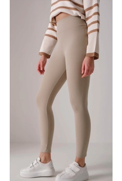 Yüksek Bel Fitilli Tayt Koyu Bej