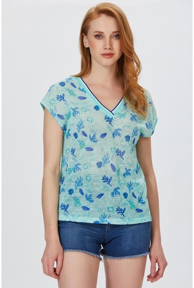 V Yaka Yakası Şeritli Desenli Bluz 022-1073