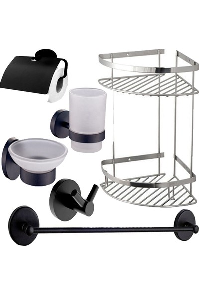 6 Lı Siyah Banyo Seti Paslanmaz Çelik Köşe Raf Şampuanlık 2 Katlı Uzun Havluluklu