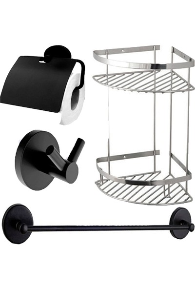4 Lü Siyah Banyo Seti Paslanmaz Çelik Köşe 2 Katlı Raf Şampuanlık Uzun Havluluklu