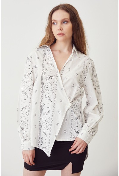 Etnik Desen Keten Gömlek-Ekru Etnik Desen Keten Gömlek-Ekru
