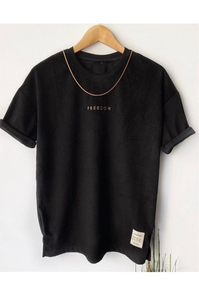 Erkek Siyah Freedom Oversize Kadife T-Shirt Erkek Siyah Freedom Oversize Kadife T-Shirt