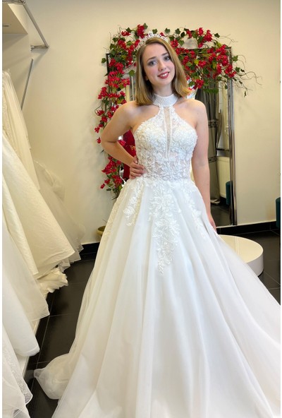 Sumella Couture Helen / Kırık Beyaz Boyundan Bağlamalı A-Kesim Gelinlik