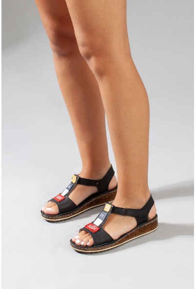 Adım Adım Kadın Siyah Deri Ortopedik Sandalet