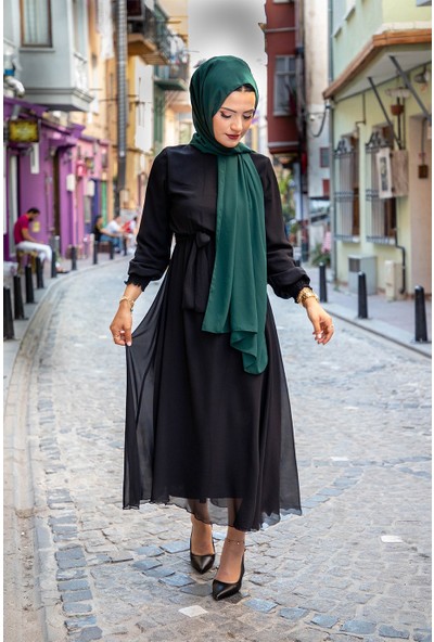 Sevitli Şifon Siyah Uzun Elbise