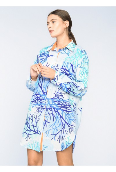 Fabrika Plaj Elbisesi, M-L, Beyaz - Mavi