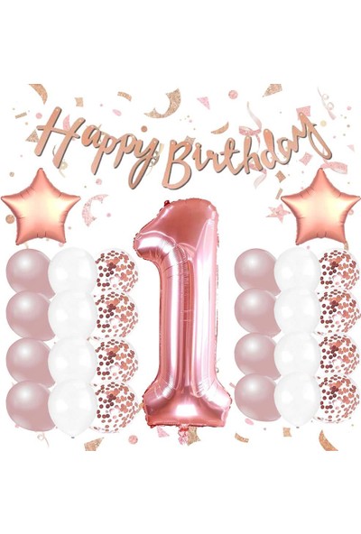 Rose Gold Konsept 1 Yaş Doğum Günü Kutlama Seti; Beyaz Gold Konfetili Balon, Rakam Yıldız Folyo ve Banner Rose Gold Konsept 1 Yaş Doğum Günü Kutlama Seti; Beyaz Gold Konfetili Balon, Rakam Yıldız Folyo ve Banner