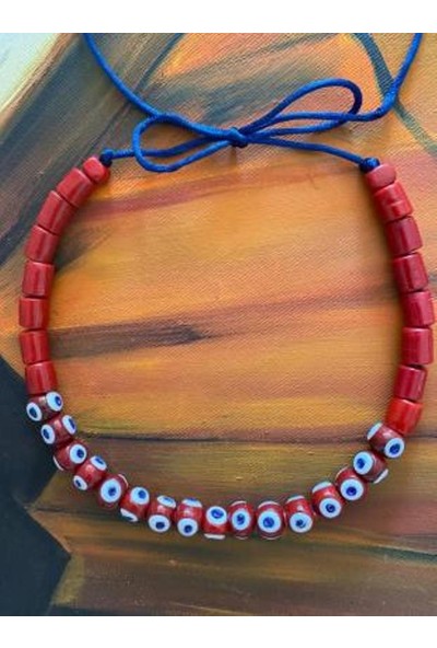 Rengarenk Scrunchies Kırmızı Silindir ve Karagöz Cam Boncuk Kolye