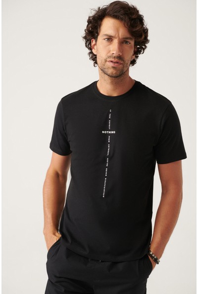 AVVA Bisiklet Yaka Baskılı T-Shirt_siyah