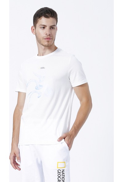 National Geographic Bisiklet Yaka Baskılı Beyaz Erkek T-Shirt Jelly