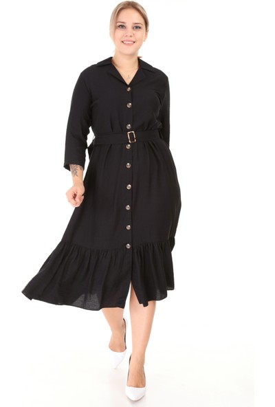 Lir Kadın Büyük Beden Eteği Büzgü Önü Düğmeli Kemerli Truvakar Kol Elbise Siyah Lir Kadın Büyük Beden Eteği Büzgü Önü Düğmeli Kemerli Truvakar Kol Elbise Siyah