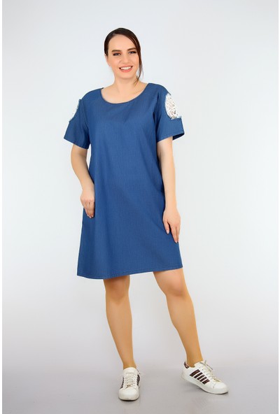 Pianoluce Bayan Denim Kolları Dantel Detaylı Elbise Lacivert