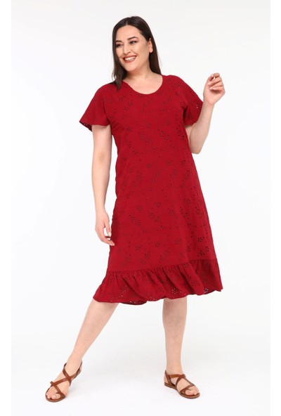 Schık Kadın Büyük Beden Brodeli Yarım Kol Elbise Bordo Schık Kadın Büyük Beden Brodeli Yarım Kol Elbise Bordo