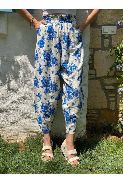 Seda Aslan Butik Mavi Gül Desen Şalvar Pantolon Seda Aslan Butik Mavi Gül Desen Şalvar Pantolon