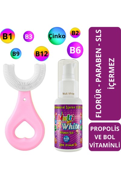 Multi White Multivitaminli Çilek Aromalı Çocuk Diş Macunu 50 ml ve U Şeklinde Diş Fırçası Pembe Multi White Multivitaminli Çilek Aromalı Çocuk Diş Macunu 50 ml ve U Şeklinde Diş Fırçası Pembe