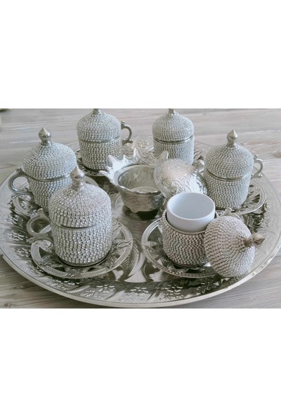Anka Osmanlı Motifli 6 Kişilik Türk Kahve Seti - Beyaz Taşlı