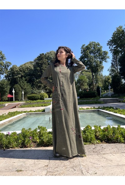 Eliş Şile Bezi Uzun Kol Şile Bezi Lina Uzun Elbise Haki Hk