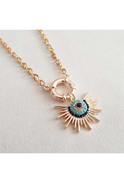 Cosita Gold Kadın Uzun Zincirli Nazar Güneş Figürlü Tasarım Kolye 55 cm